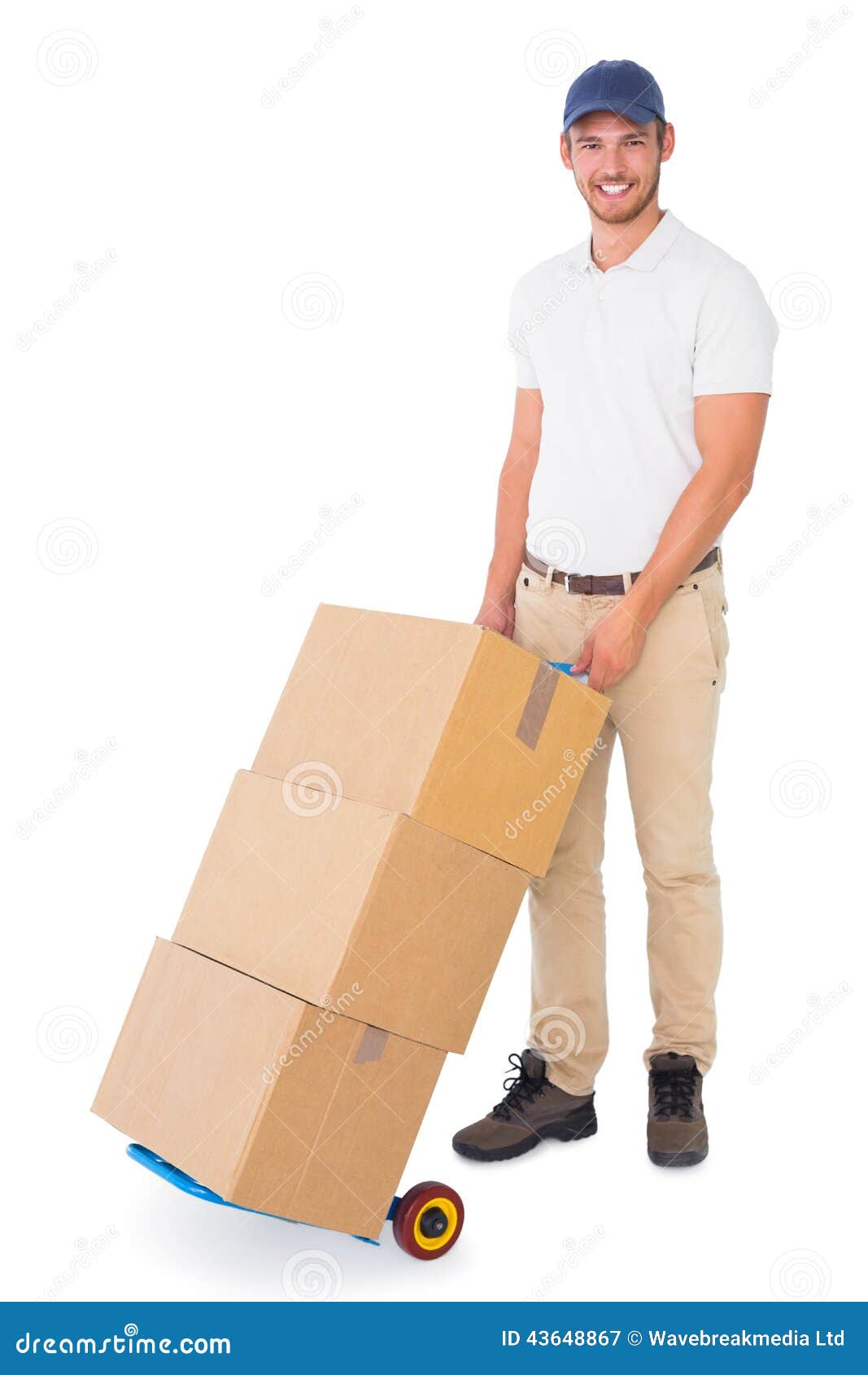 Happy Delivery Man Pushing Trolley of Boxes Stock Image - Image of ...