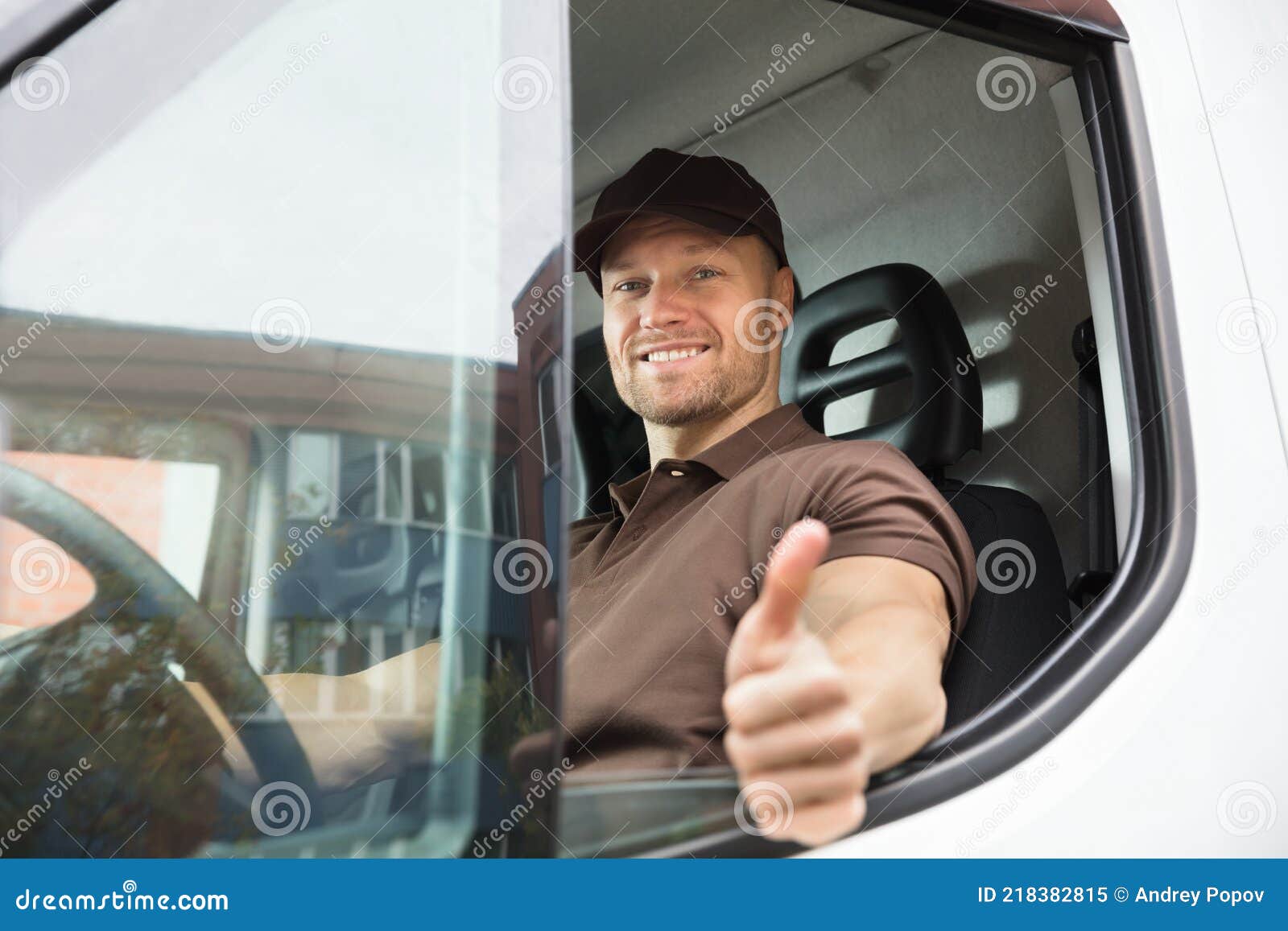 Happy Delivery Man Sitting Inside Van Stock Image - Image of mover ...