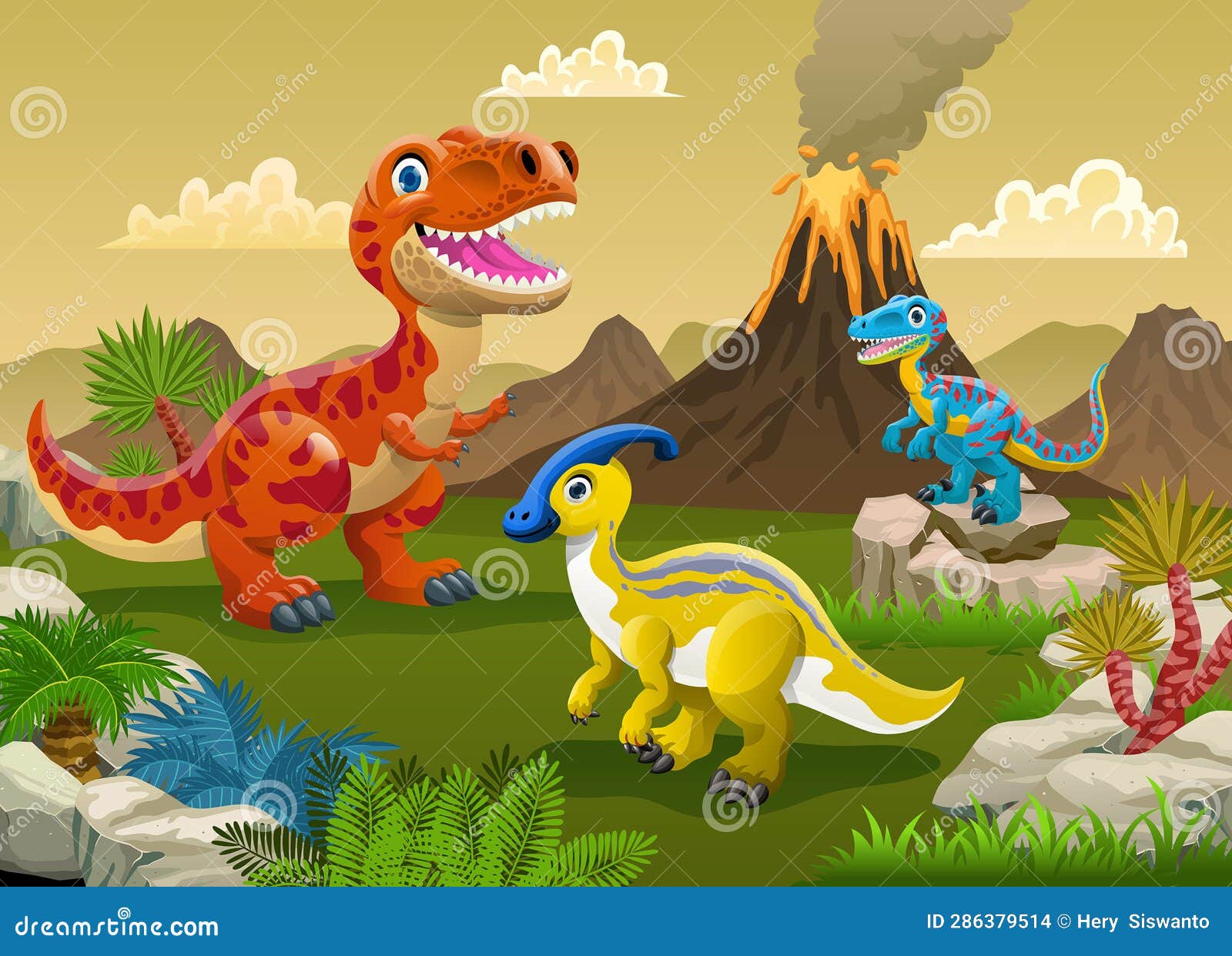 Happy Dinosaurs Prehistoric Landscape with Erupting Volcano Stock ...