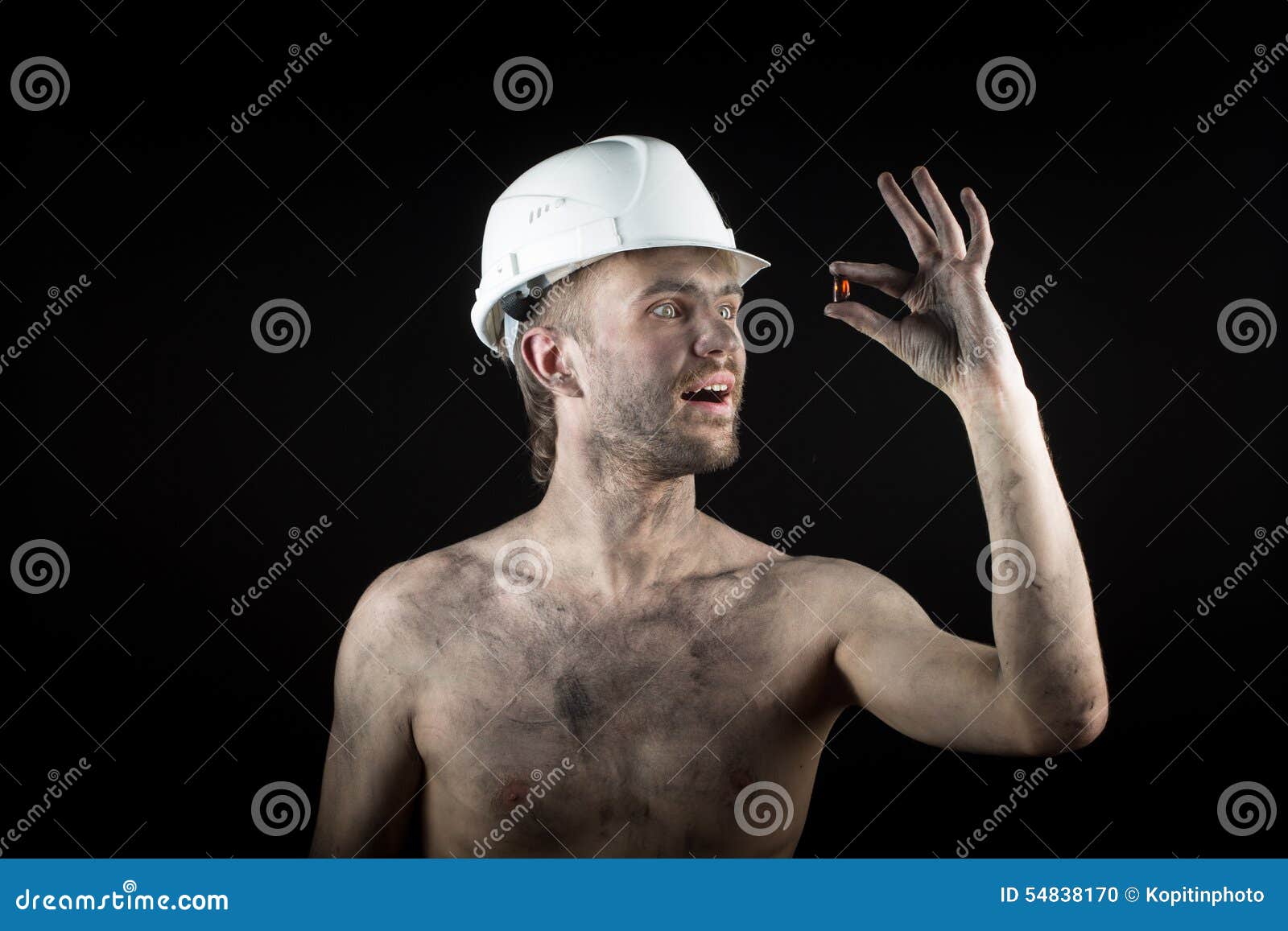 Happy Dirty Worker in Helmet. Gemstone Stock Photo - Image of ...