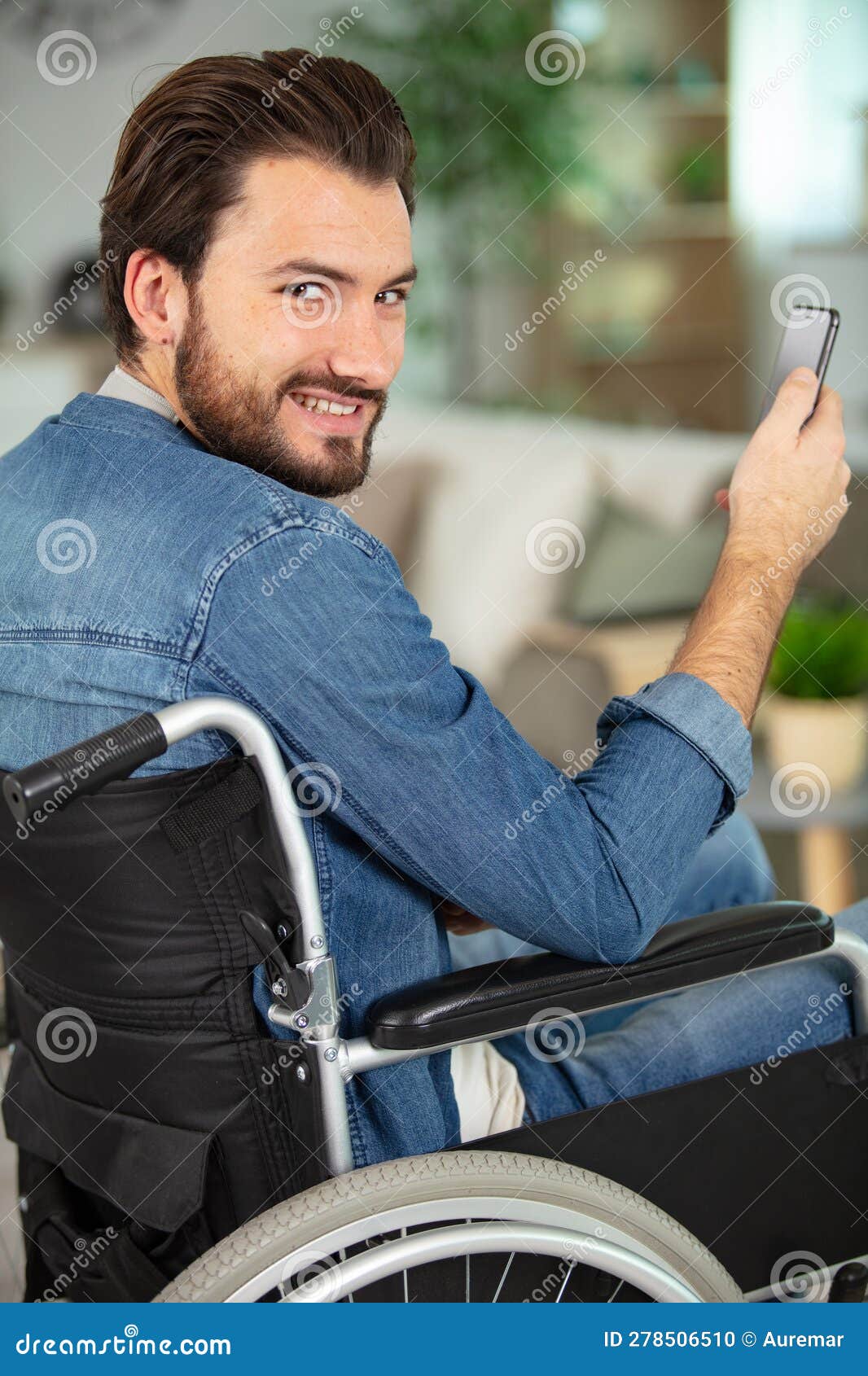 Happy Disabled Man Checking Phone Stock Photo - Image of healthcare ...