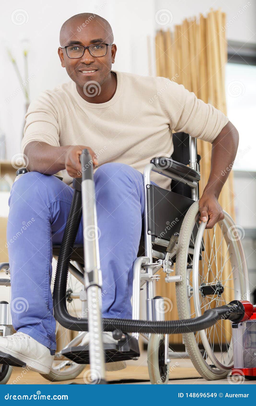 Happy Disabled Man Cleaning Home with Vacuum Cleaner Stock Image ...