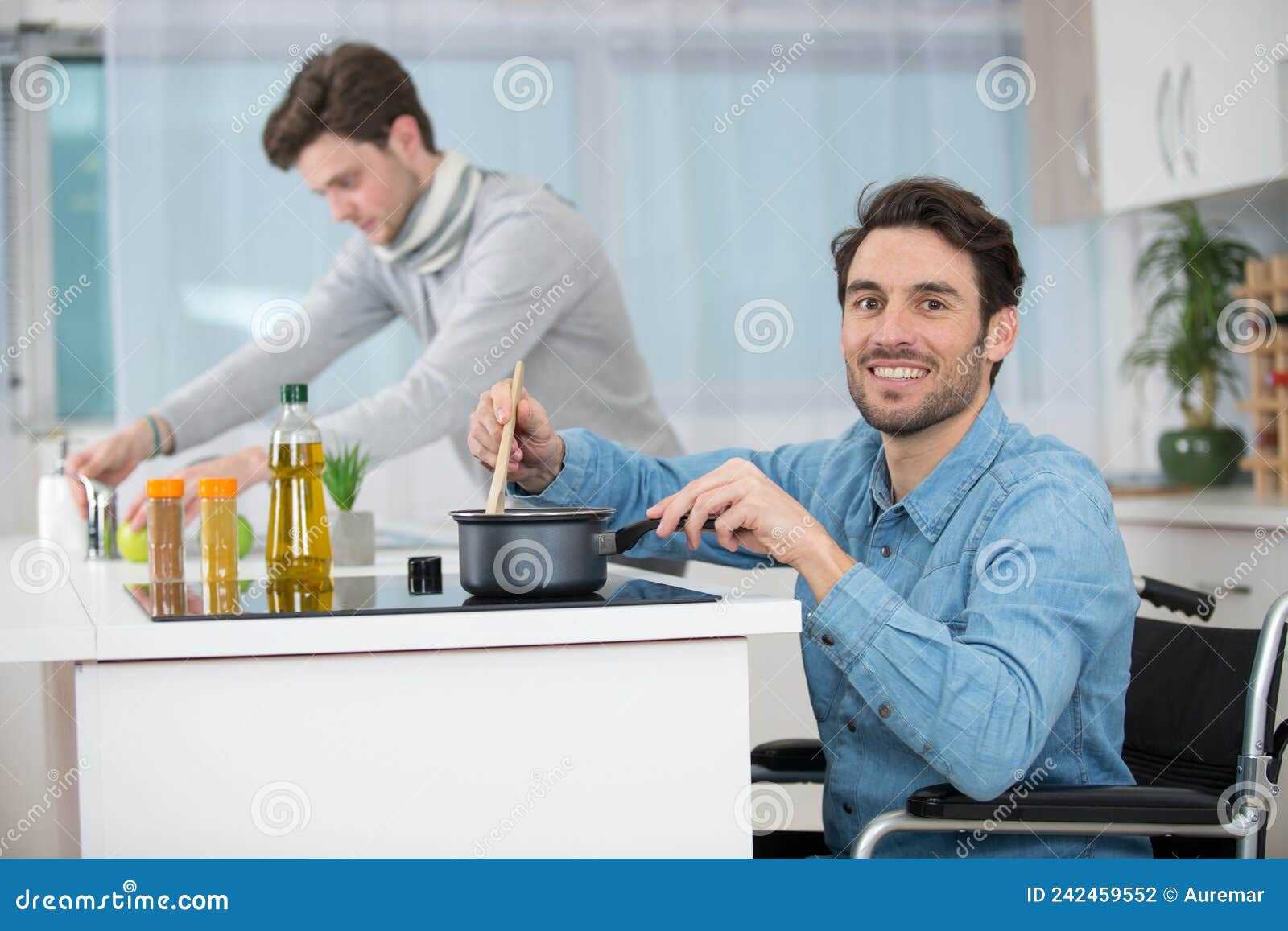 Happy Disabled Man Preparing Soup at Kitchen Stock Photo - Image of ...