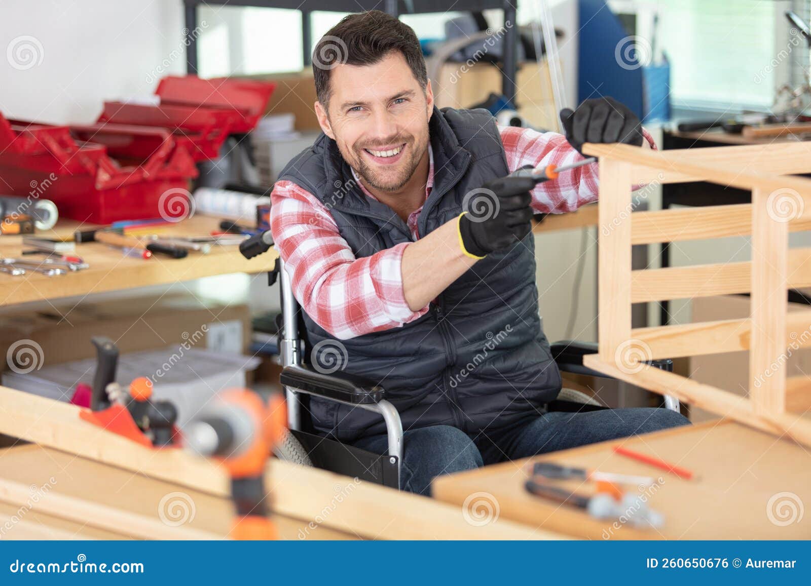Happy Disabled Worker in Wheelchair in Carpenters Workshop Stock Photo ...