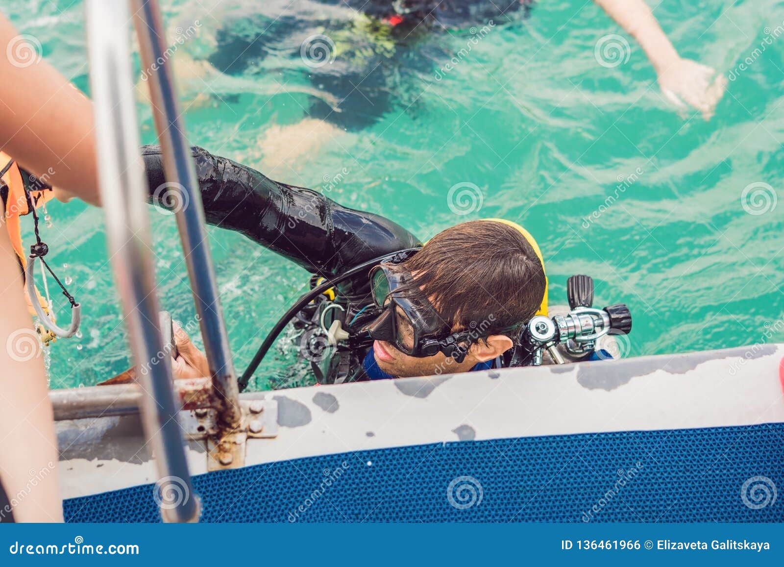Happy Diver Returns To the Ship after Diving Stock Photo - Image of ...