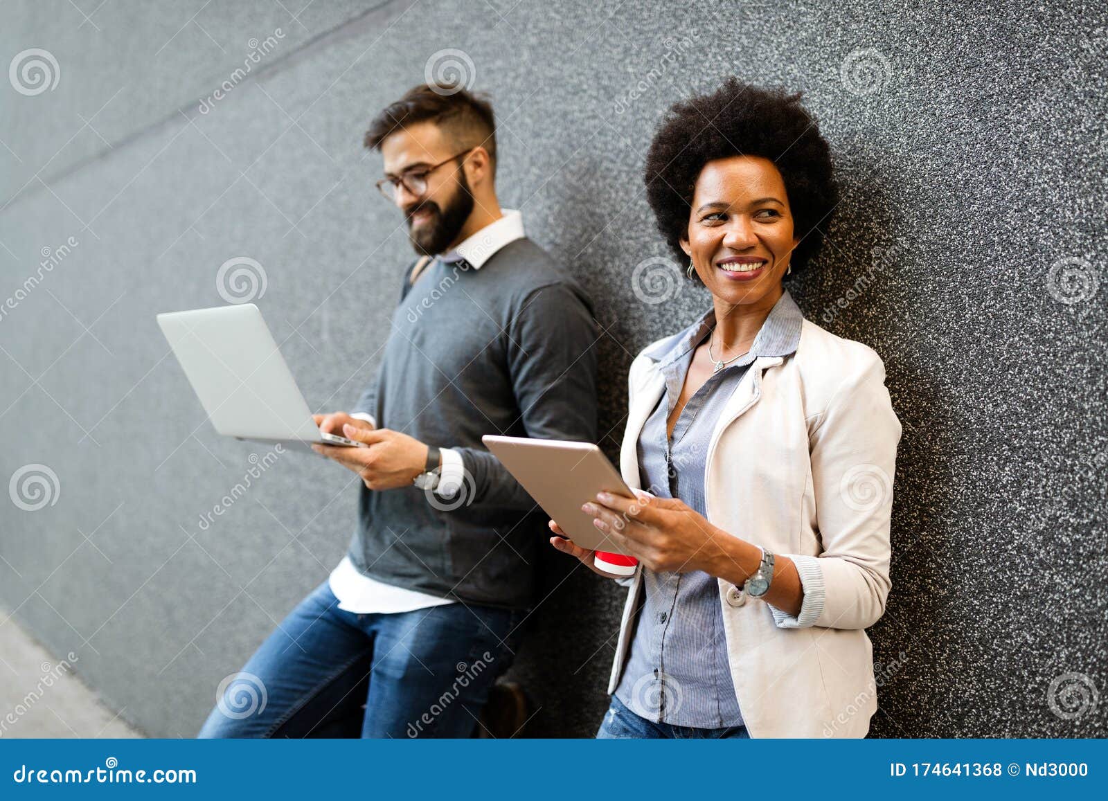 Happy Busy People Using Technology Devices Outdoor in City Stock Photo ...