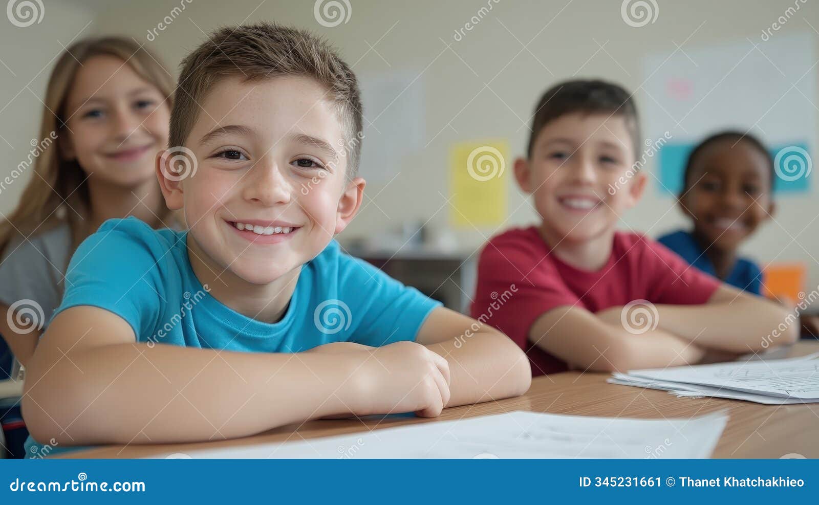 Happy Diverse Elementary School Kids Classroom Learning Stock ...