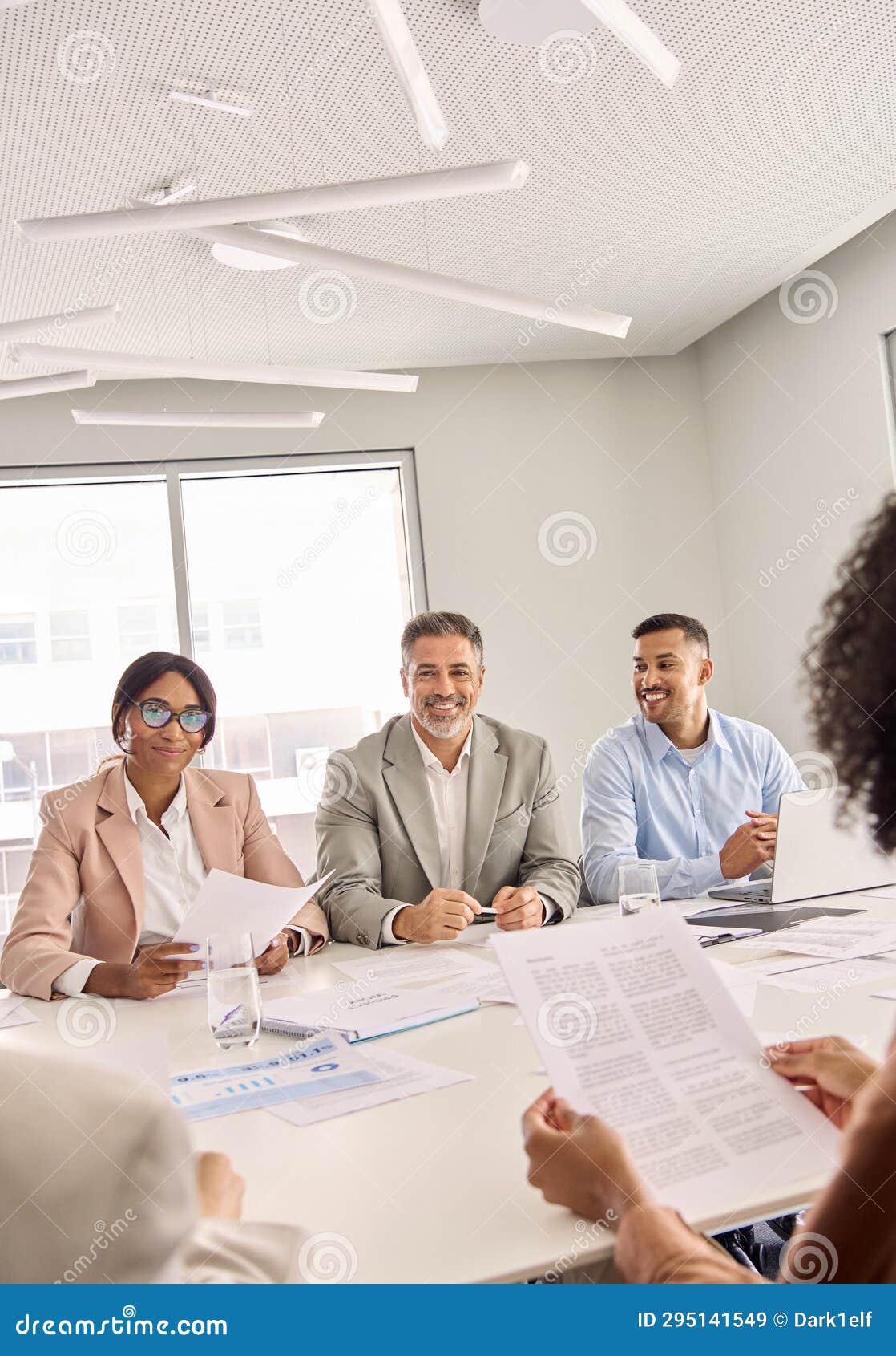 Happy Diverse Executive Board Work Group Talking at Office Meeting ...