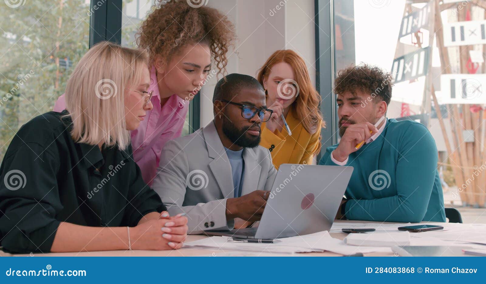 Happy Diverse Mixed-race Office Workers Sit at Table, Working Together ...