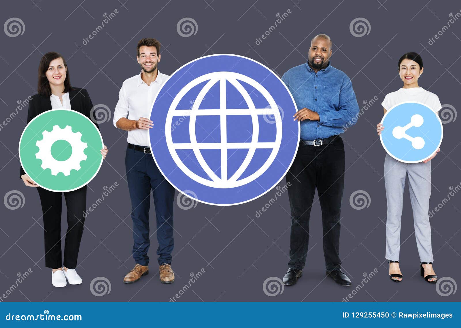 Happy Diverse People Holding Internet Icons Stock Photo - Image of ...