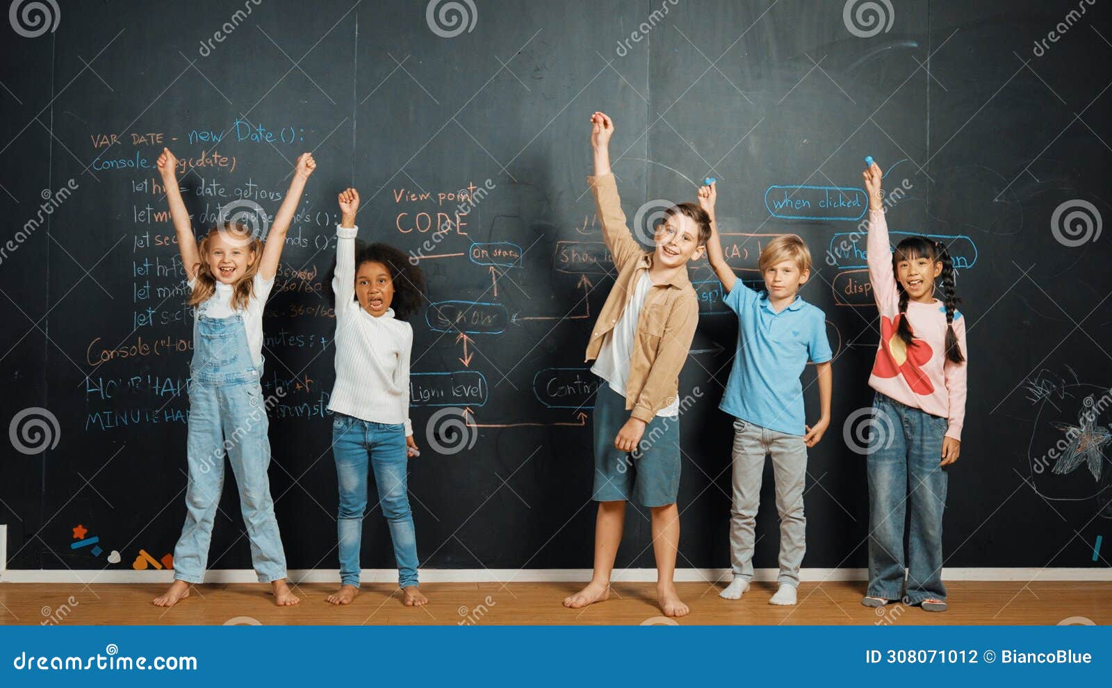 Happy Diverse Student Raising Hands Up while Standing at Blackboard ...