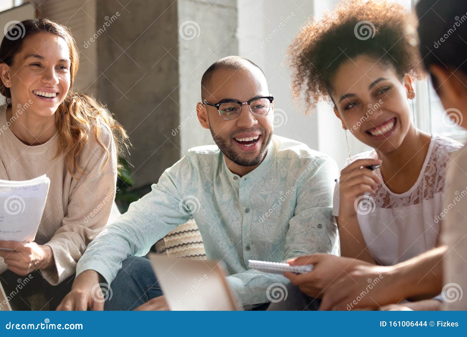 Happy Diverse Students Having Fun Together, Discussing Project Close Up ...