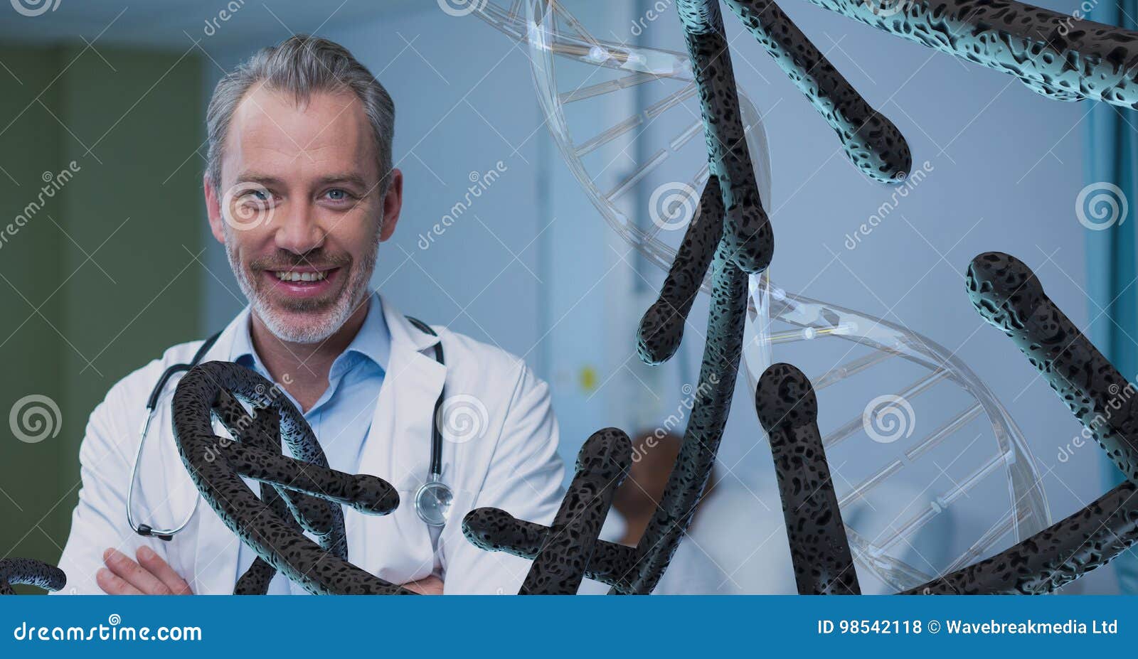 Happy Doctor Man with 3D DNA Strands Stock Photo - Image of crossed ...