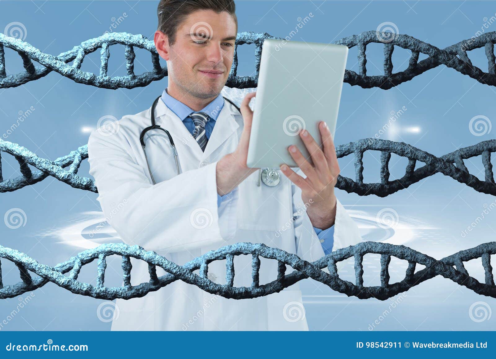 Happy Doctor Man Using a Tablet with 3D DNA Strands Stock Illustration ...