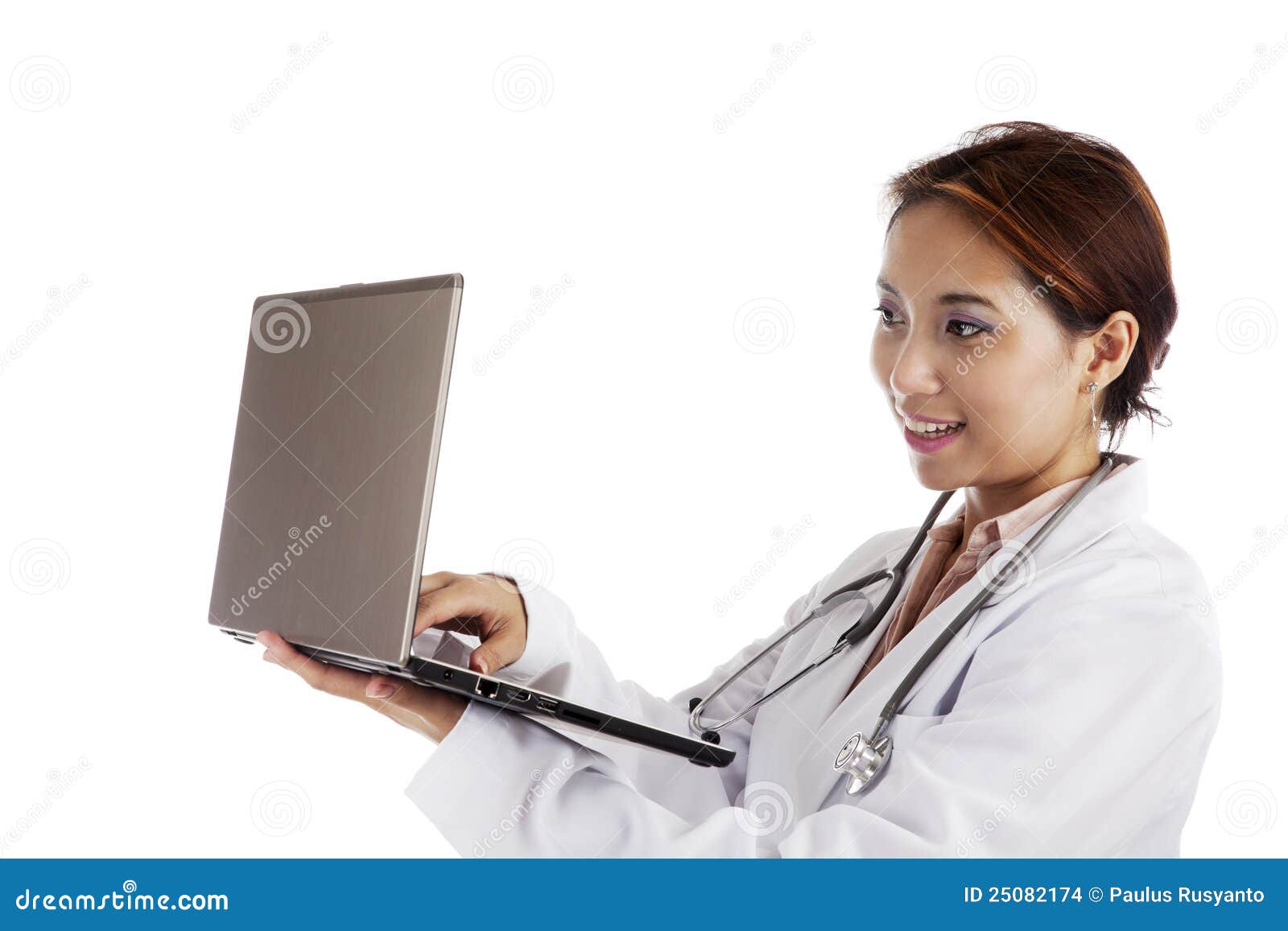 Happy Doctor Working on Laptop Stock Photo - Image of computer, laptop ...
