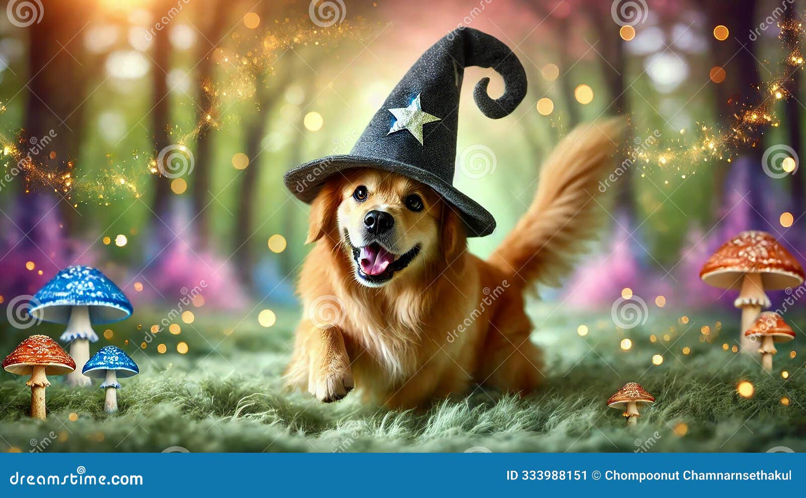 A Happy Dog in a Wizard Hat, Playfully Chasing Its Tail in a Blurred ...