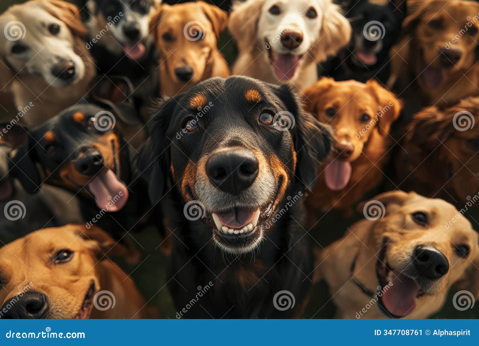 Happy Dogs Looking Up, a Crowd of Different Breeds Smiling Together ...