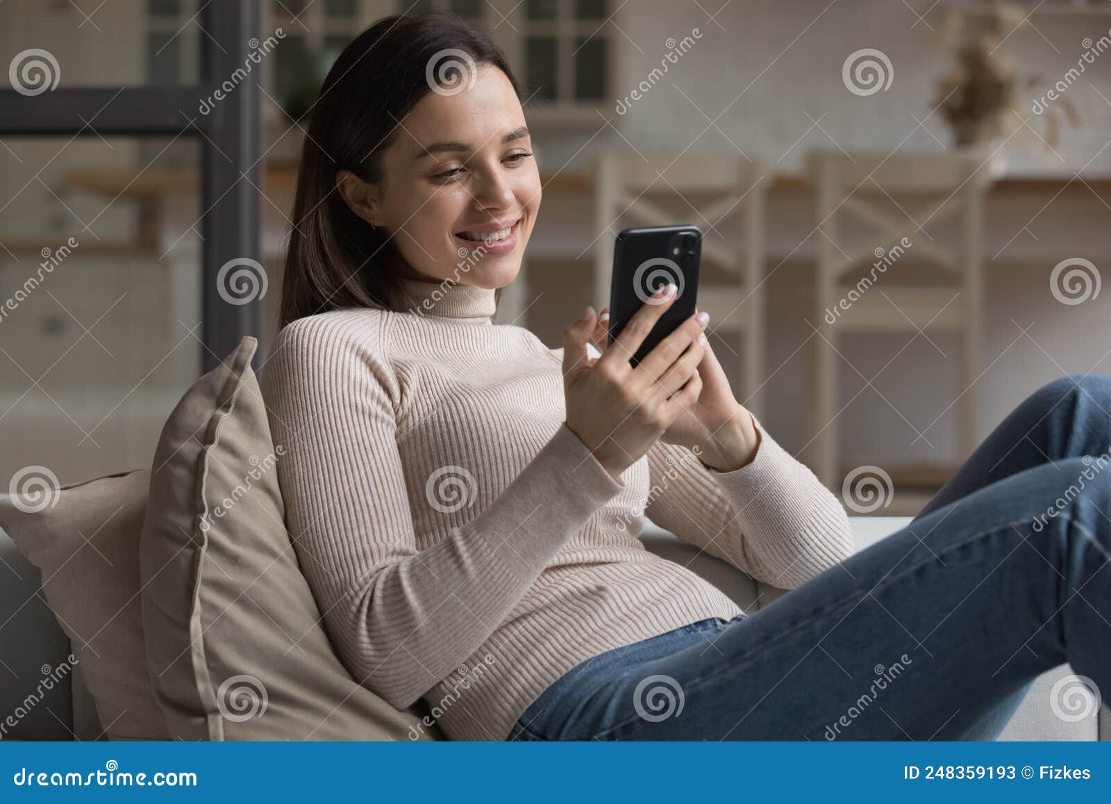 Happy Dreamy Beautiful Millennial Girl Chatting Online In Deep Thoughts
