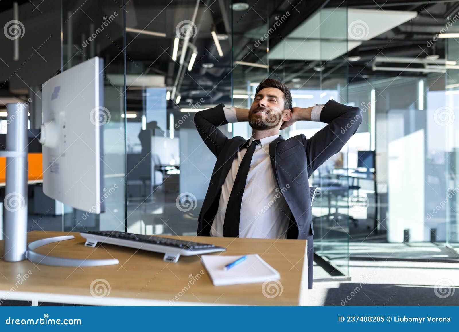 Happy and Dreamy Businessman, Resting at Work with His Hands Behind His ...