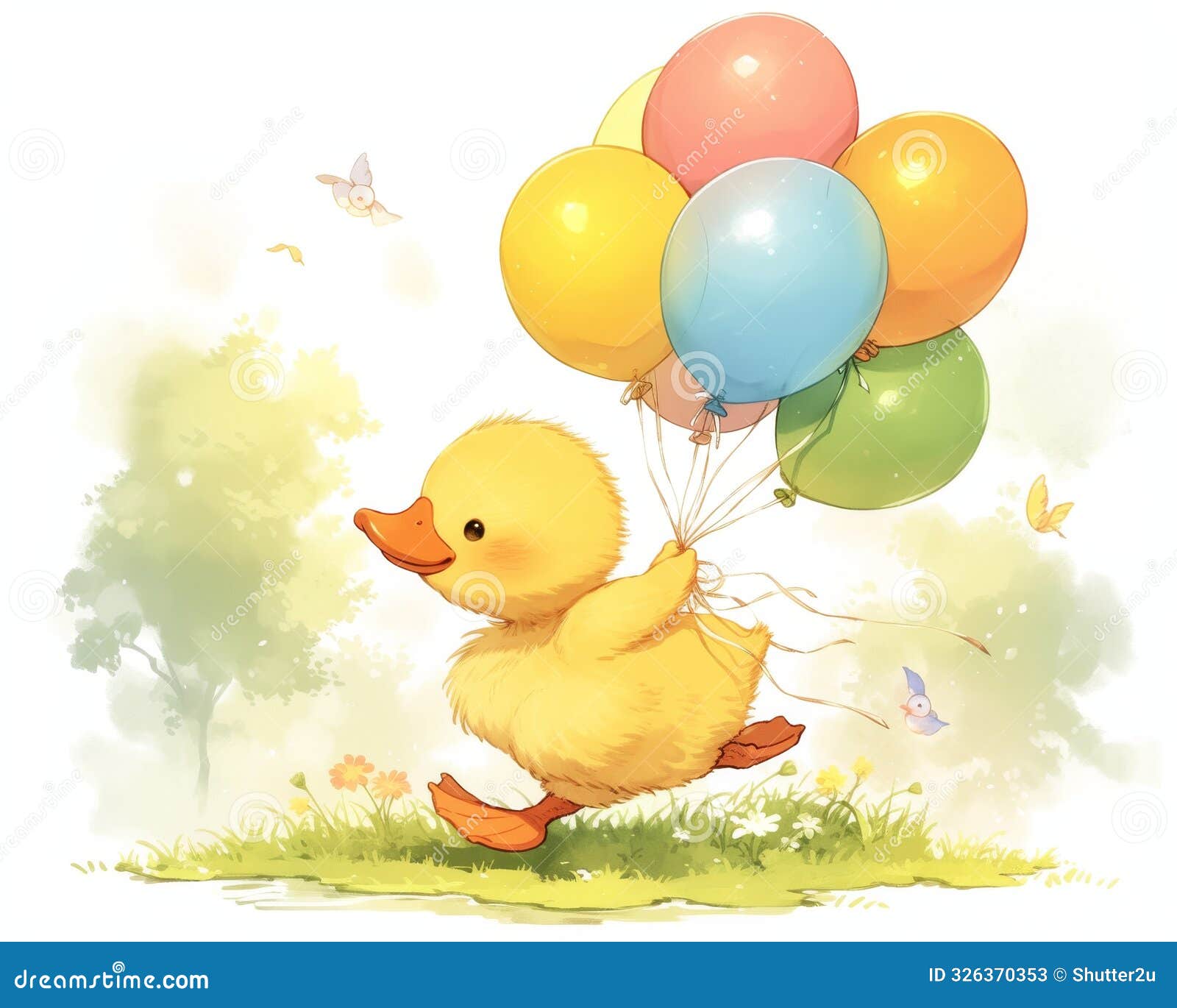 A Happy Duckling Carrying Balloons in Its Beak Stock Illustration ...