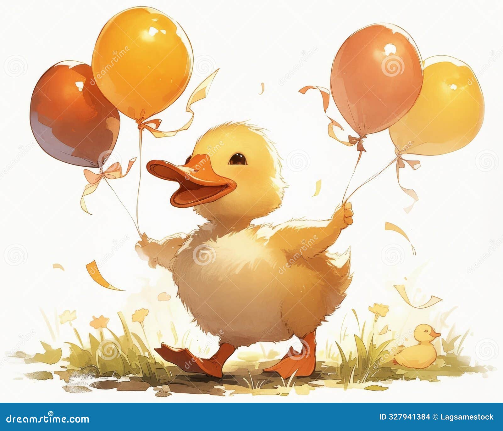 A Happy Duckling Carrying Balloons in Its Beak Stock Illustration ...