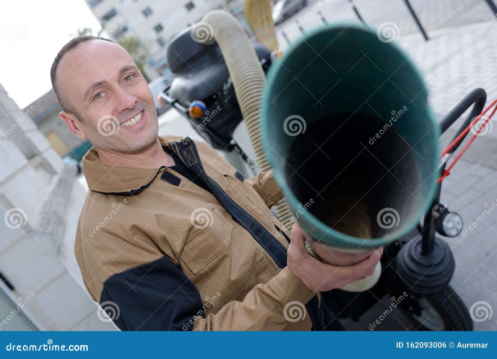 Happy Dustman with Leaf Blower Stock Photo - Image of garden, fallen ...