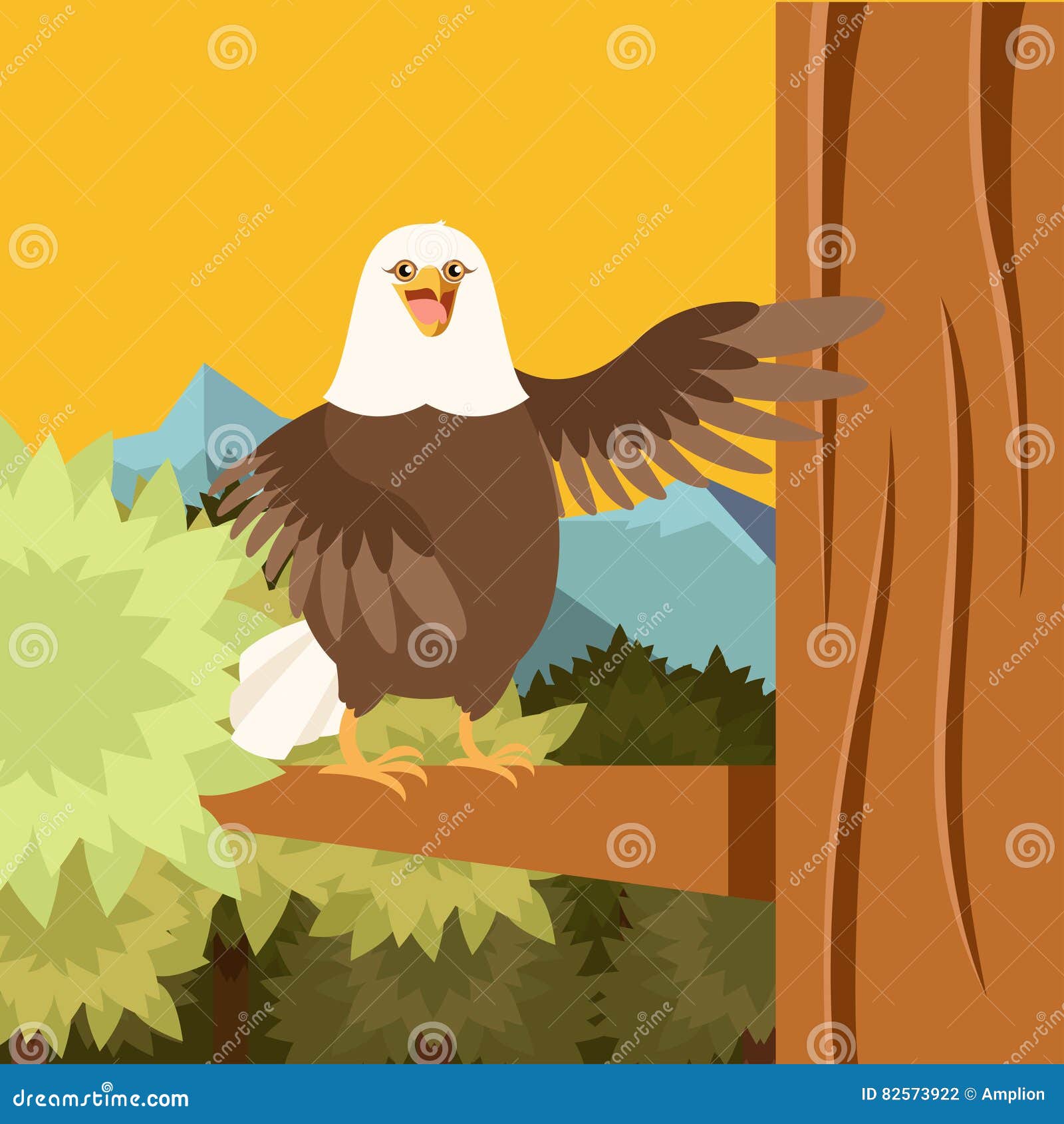 Happy Eagle on the Tree Flat Background Stock Vector - Illustration of ...
