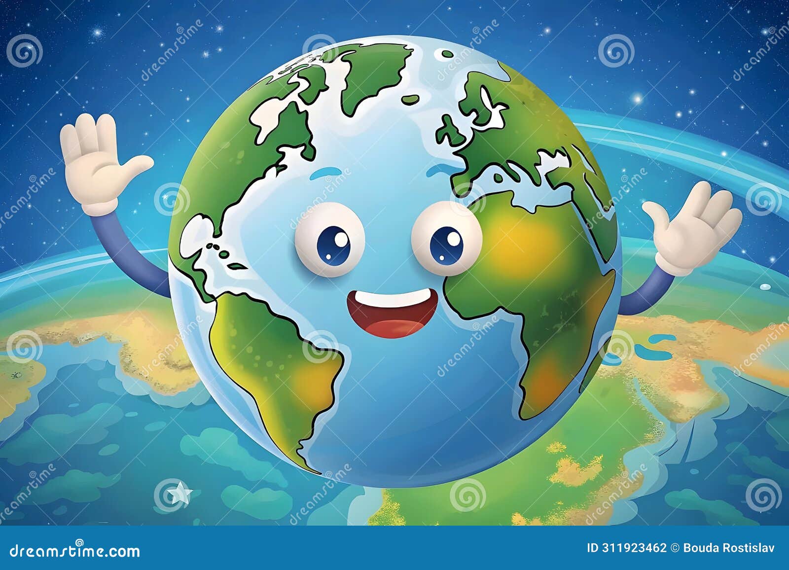 Happy Earth Cartoon in Space Stock Illustration - Illustration of ...