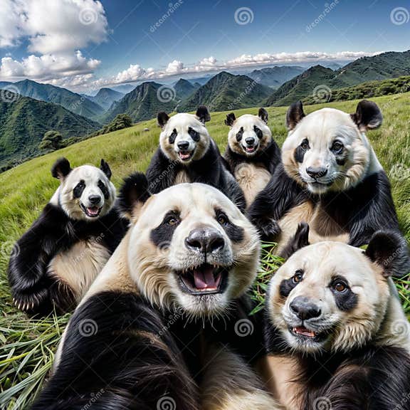 Six Big Fat Cheerful Pandas Take a Selfie Stock Illustration ...
