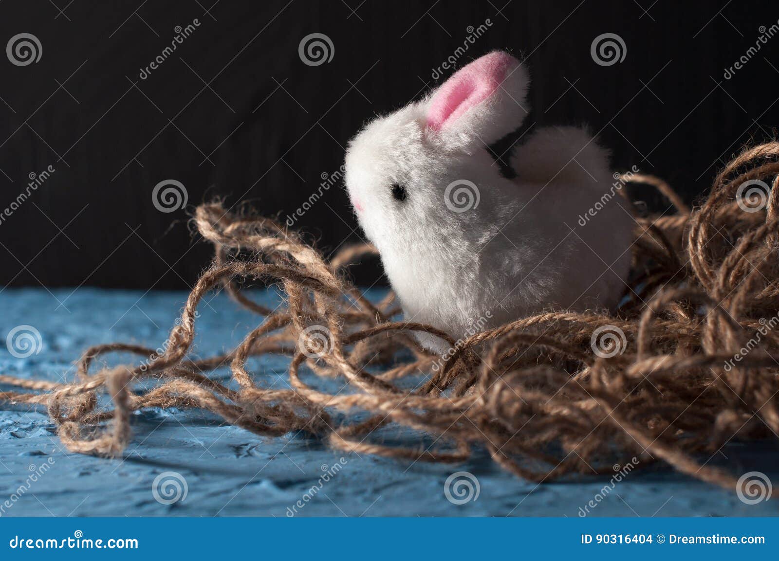 Happy Easter. Baby Rabbit White Bunny on a Blue Color Stock Photo ...