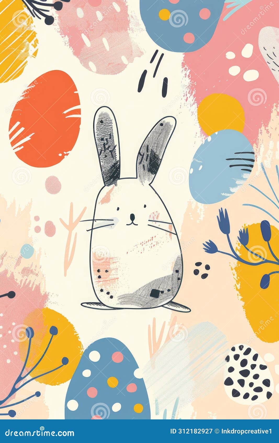 Happy Easter Background with Cute Hand Drawn Eggs, Bunny and Abstract ...