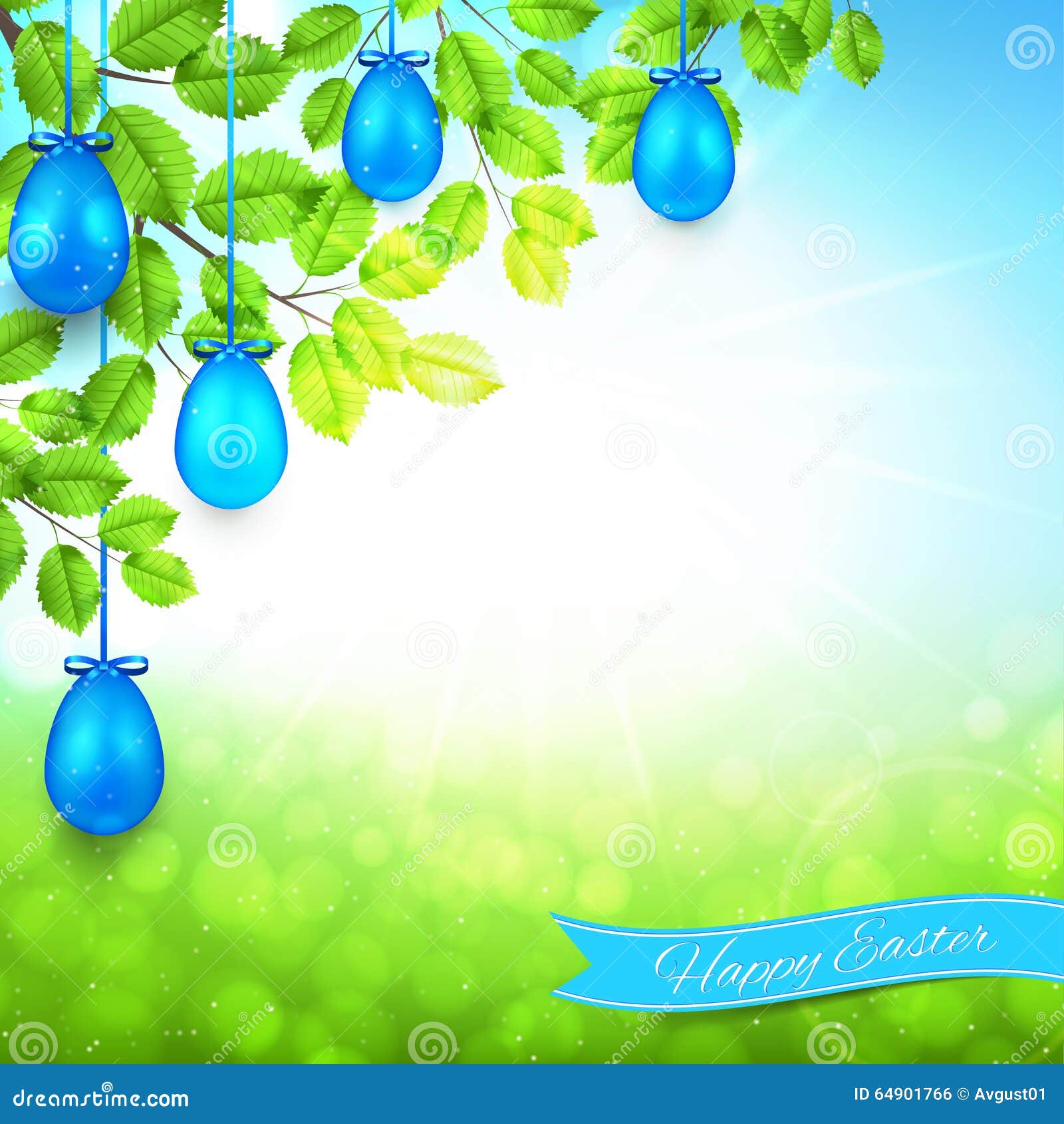 Happy Easter Banner with Blue Eggs and Spring Background Stock Vector ...