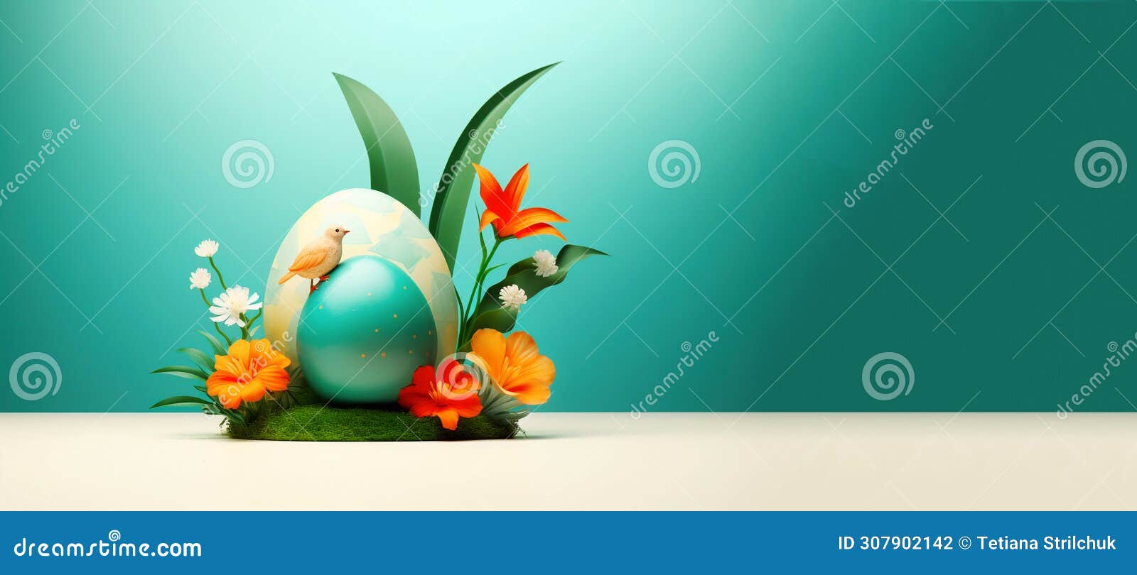 Happy Easter Banner.Eggs, Beard and Flowers. Green Background. Banner ...