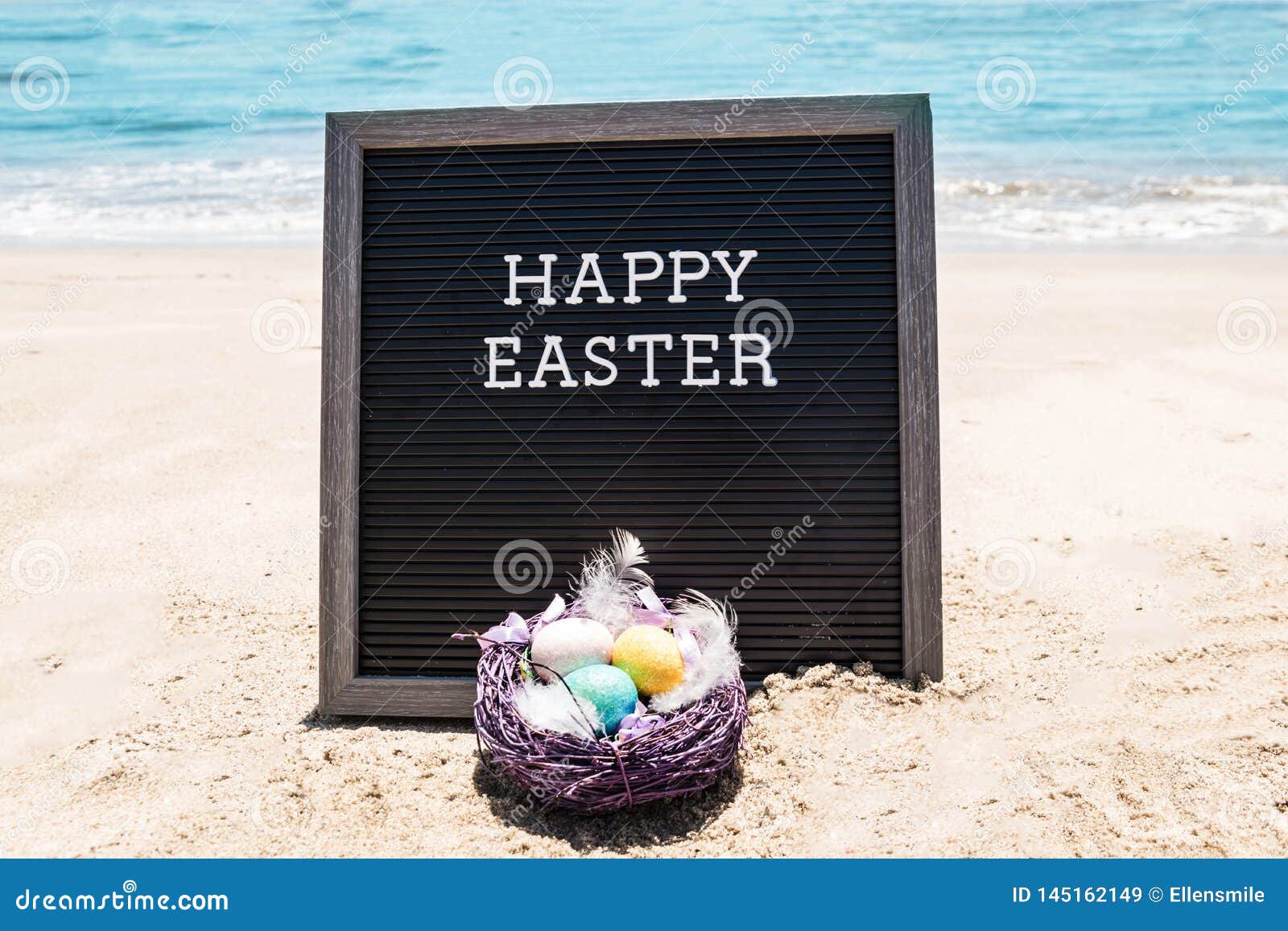 Happy Easter Beach Background with Black Board and Basket Stock Image ...