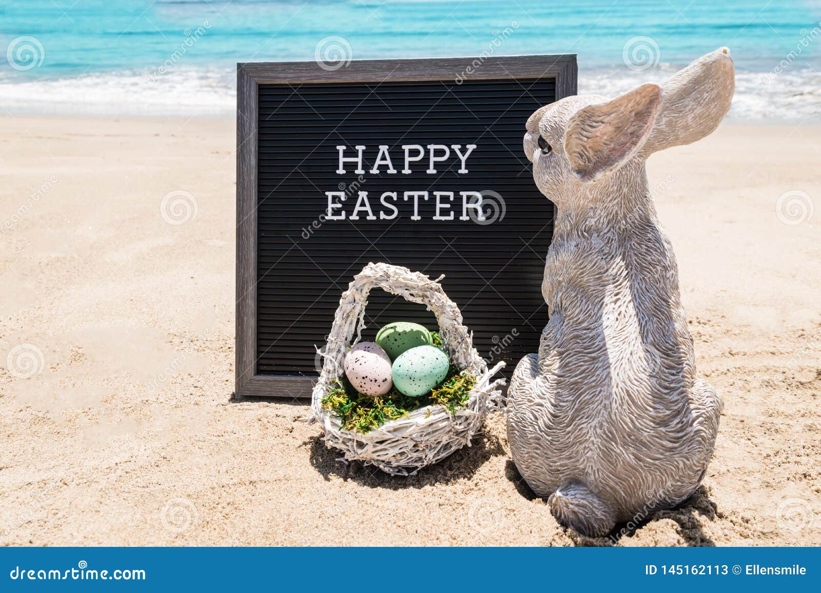Happy Easter Beach Background with Black Board and Bunny Stock Image ...
