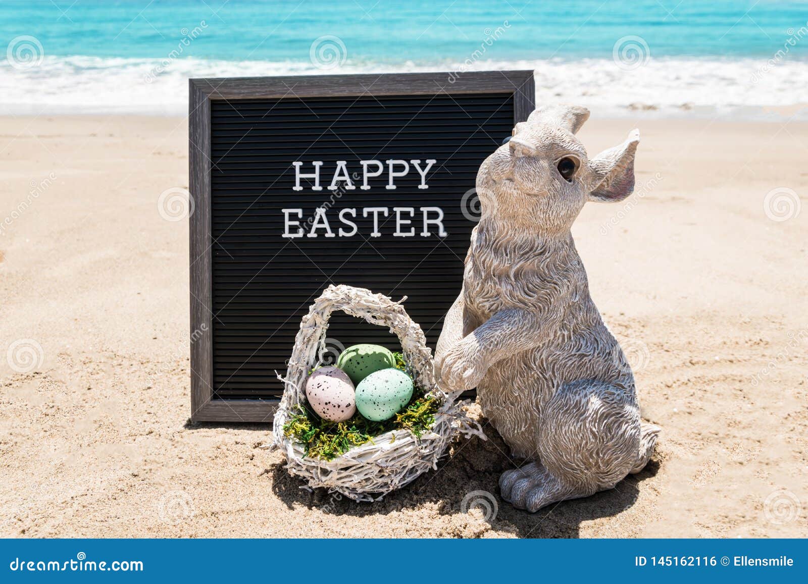 Happy Easter Beach Background with Black Board and Bunny Stock Photo ...