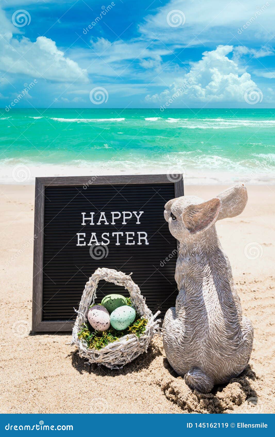 Happy Easter Beach Background with Black Board and Bunny Stock Image ...