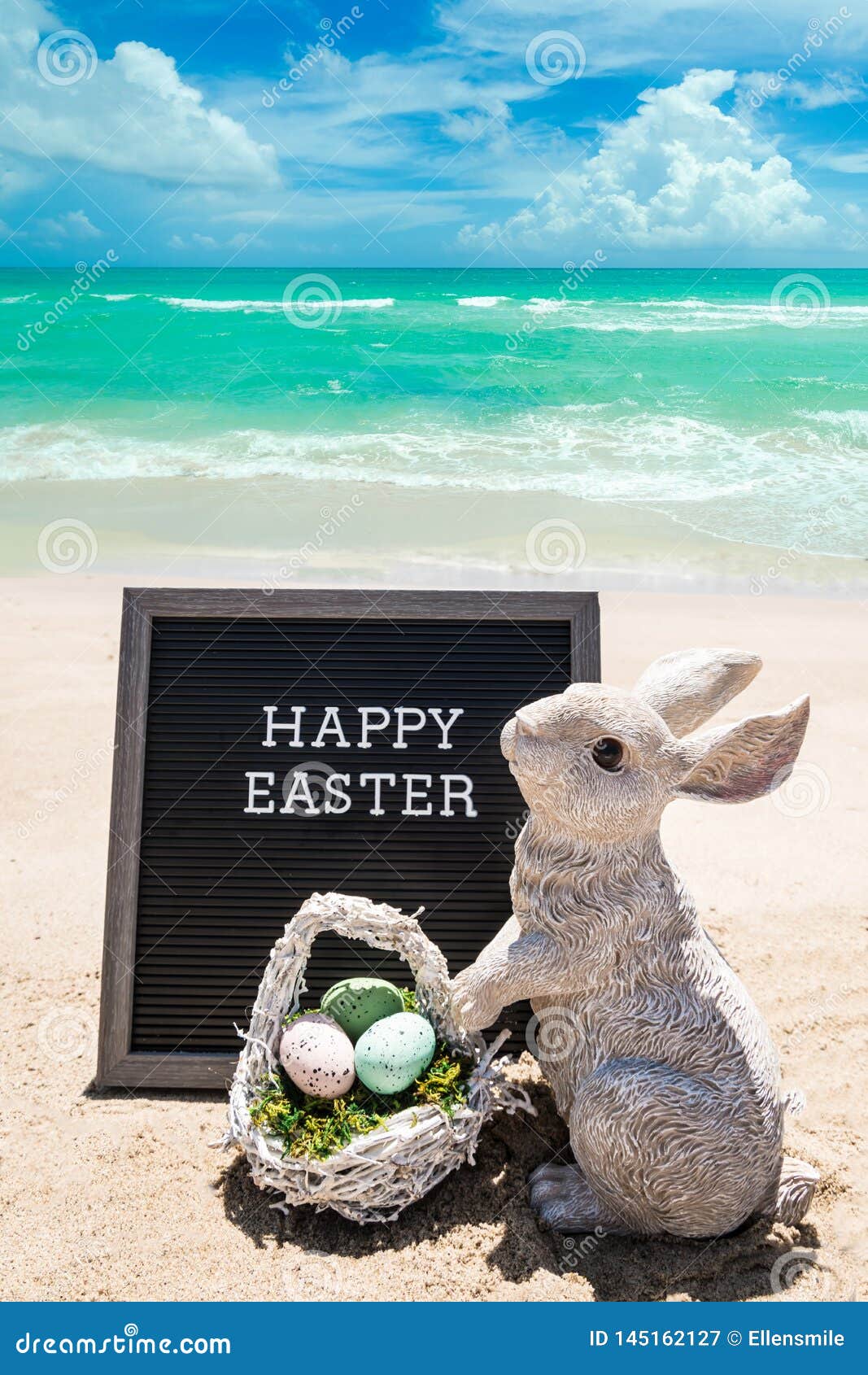 Happy Easter Beach Background with Black Board and Bunny Stock Image ...