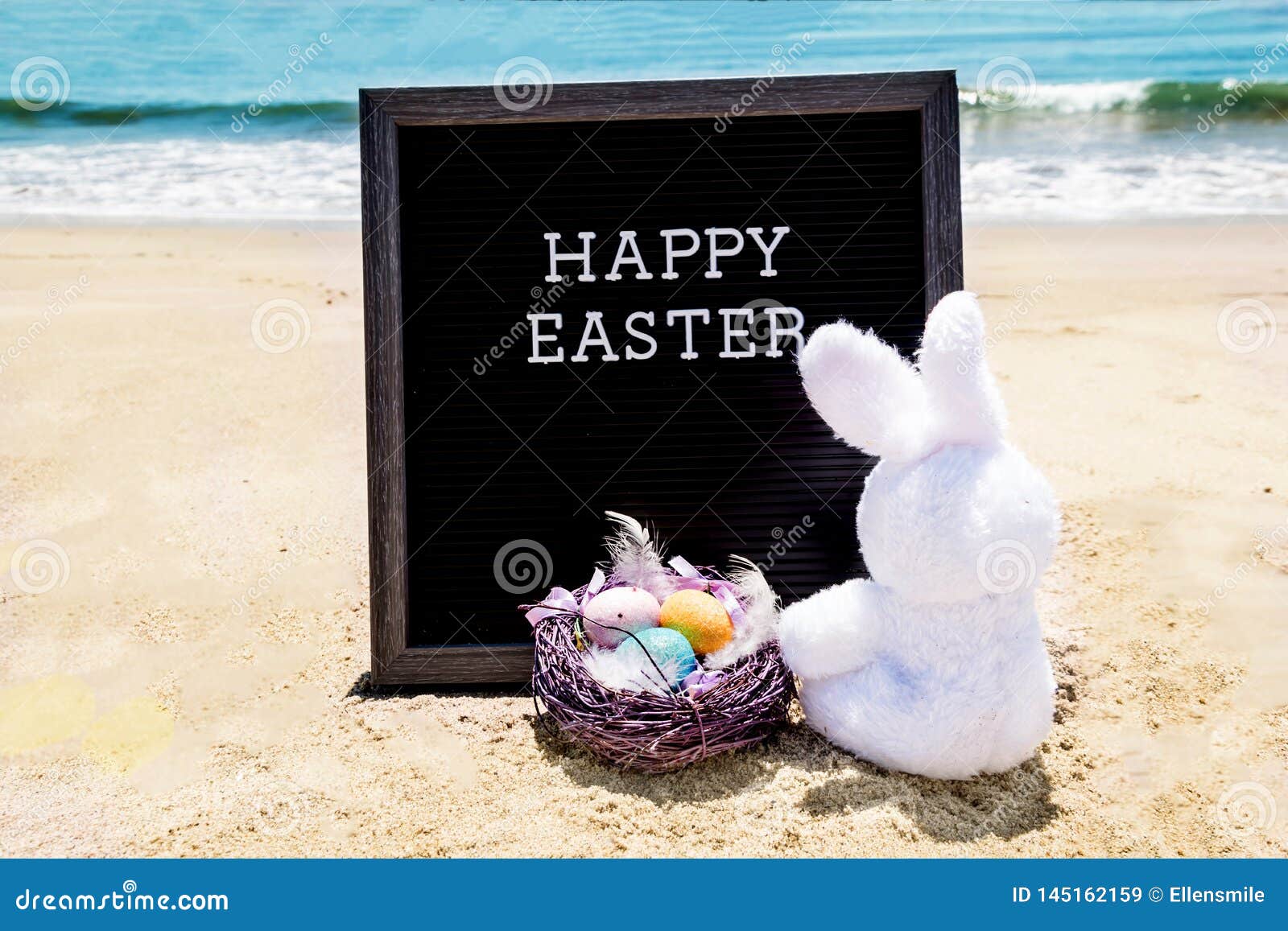 Happy Easter Beach Background With Black Board And Bunny Stock Image ...