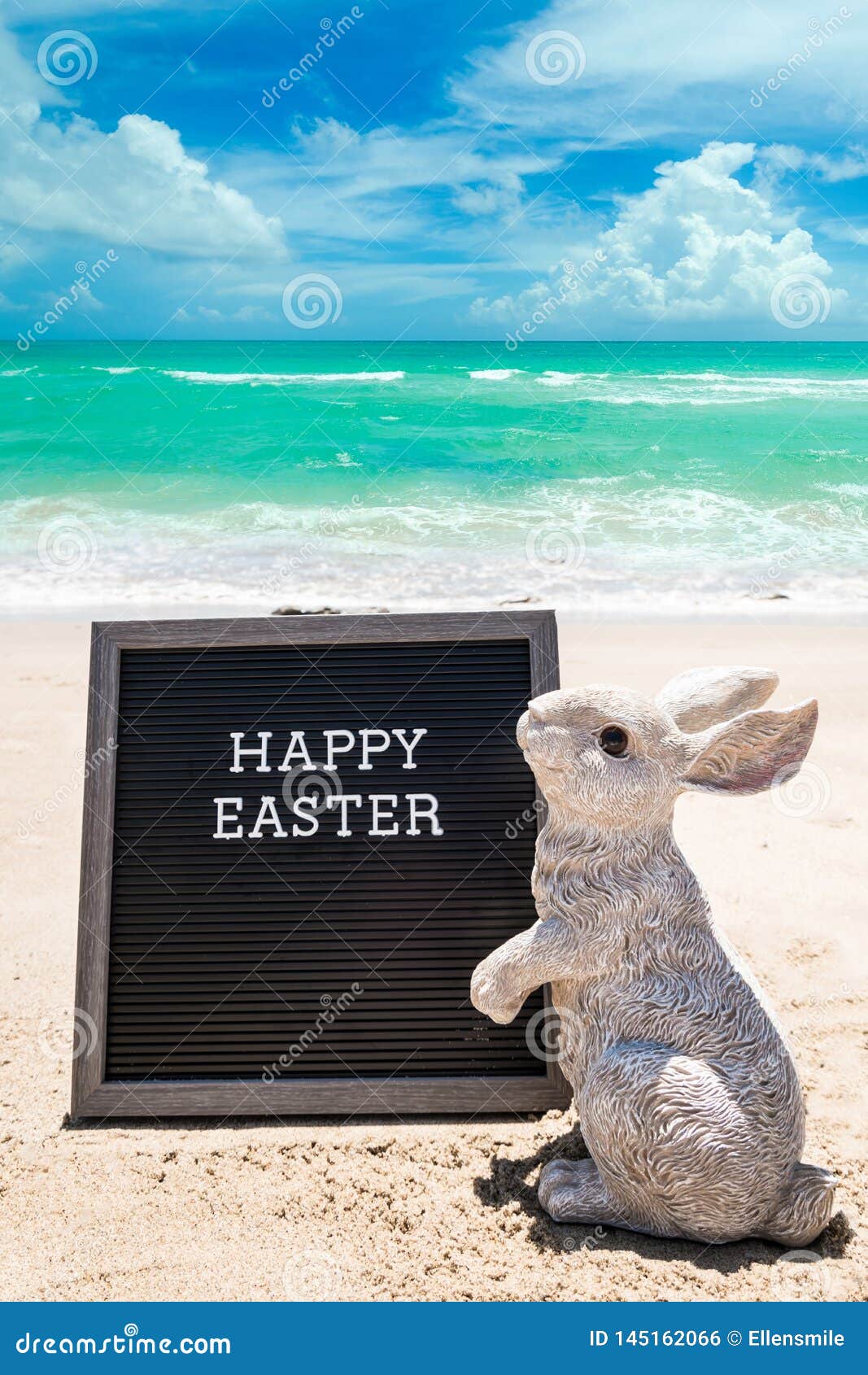 Happy Easter Beach Background with Black Board and Bunny Stock Photo ...