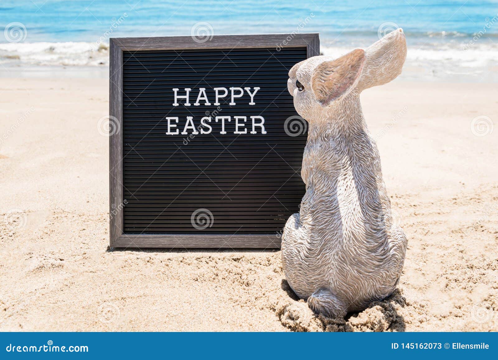 Happy Easter Beach Background with Black Board and Bunny Stock Image ...