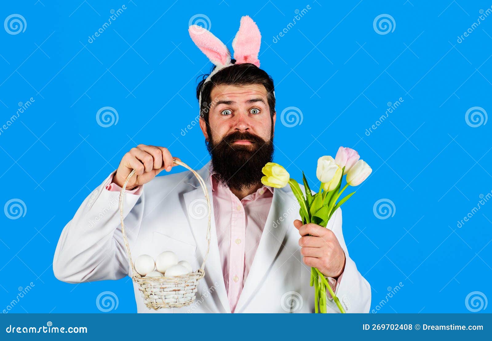 Easter Man. Bearded Man In Bunny Ears Pointing Finger Up. Rabbit Man On ...
