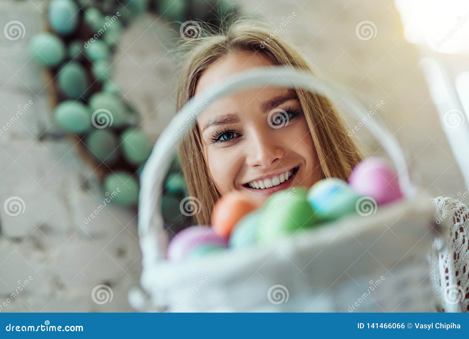 Happy Easter! Beautiful Young Woman with Basket of Easter Eggs Stock ...