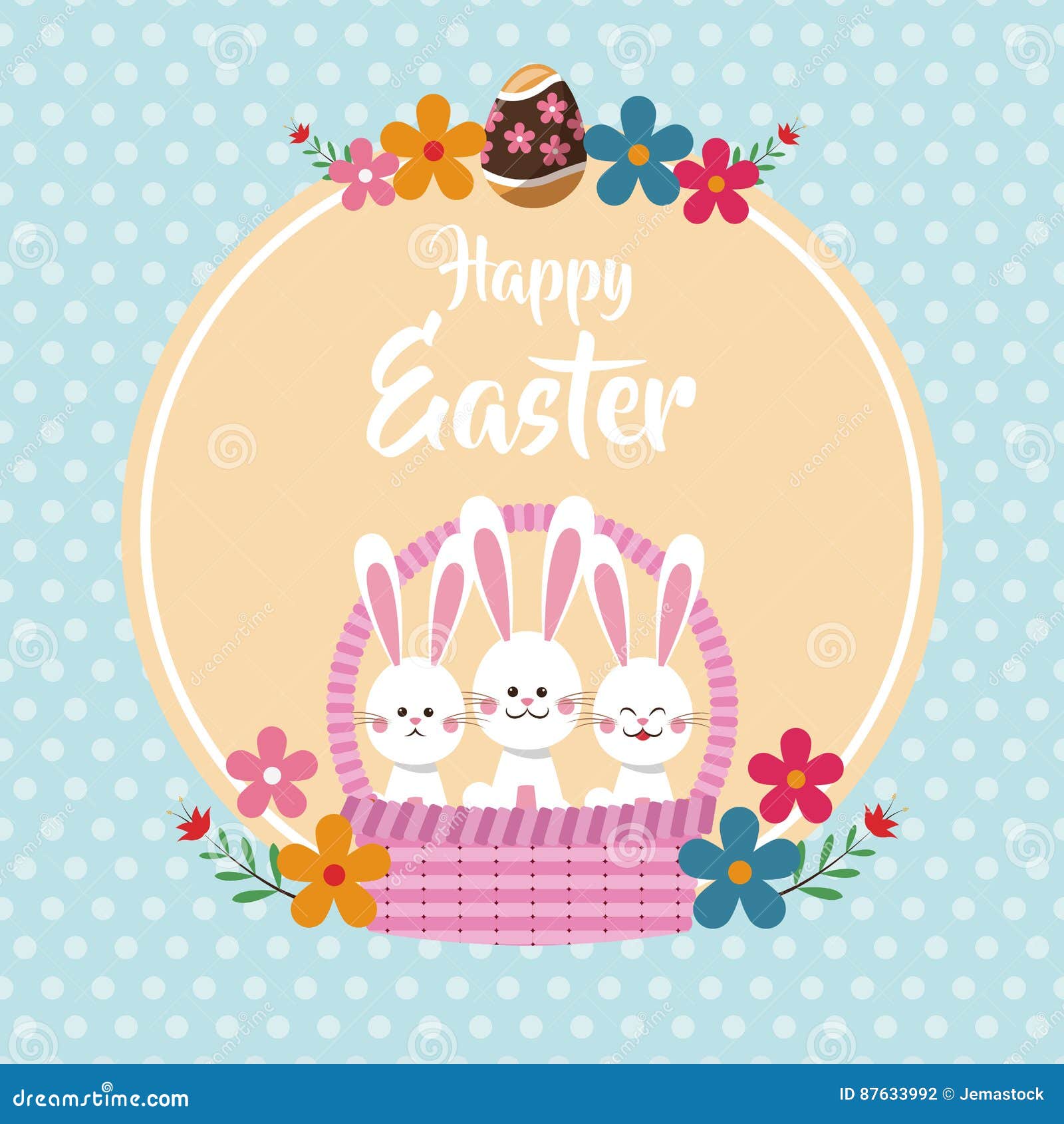 Happy Easter Bunnies in Basket Floral Dots Background Stock ...