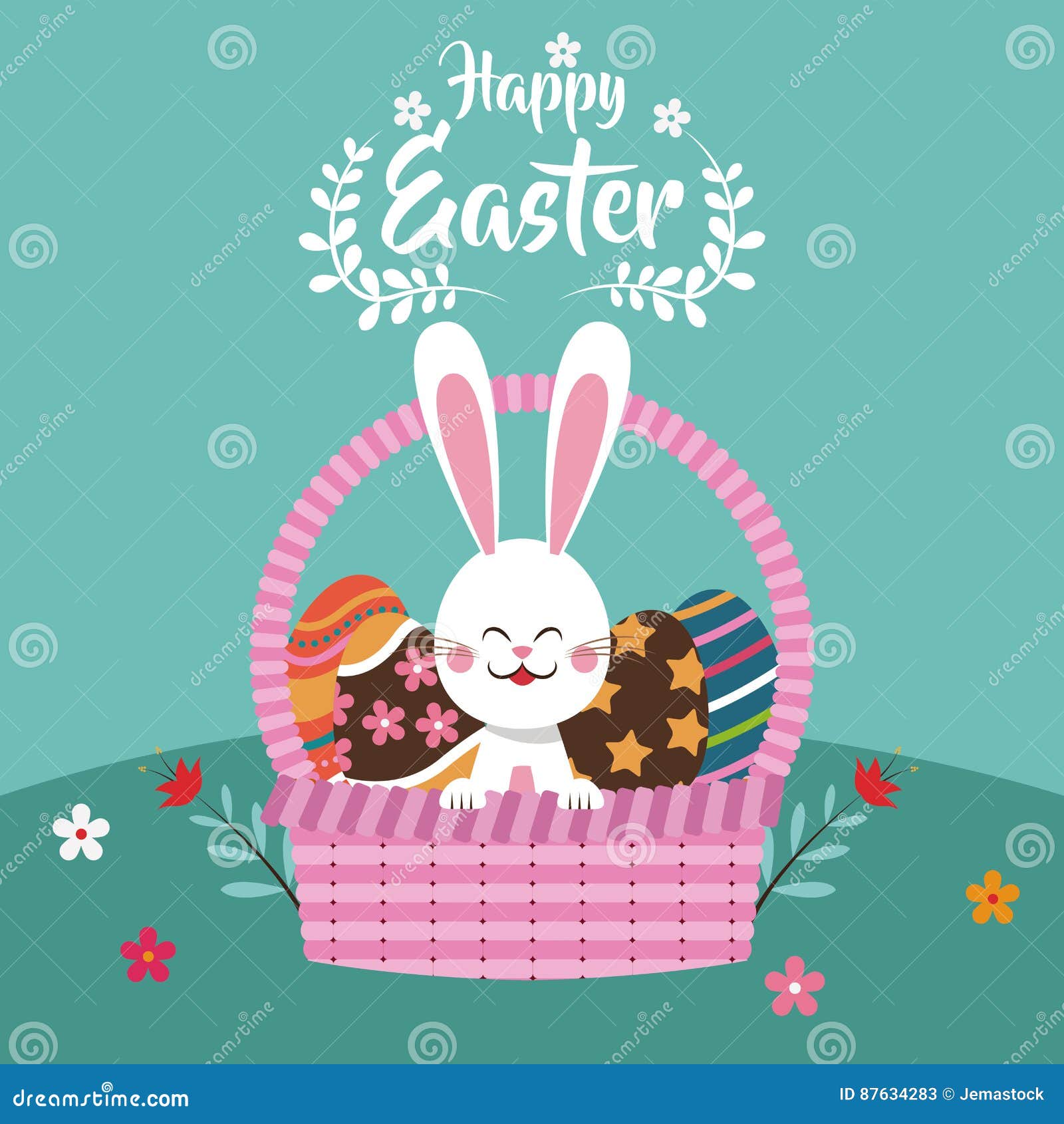 Happy Easter Bunny in Basket Egg Stock Illustration - Illustration of ...