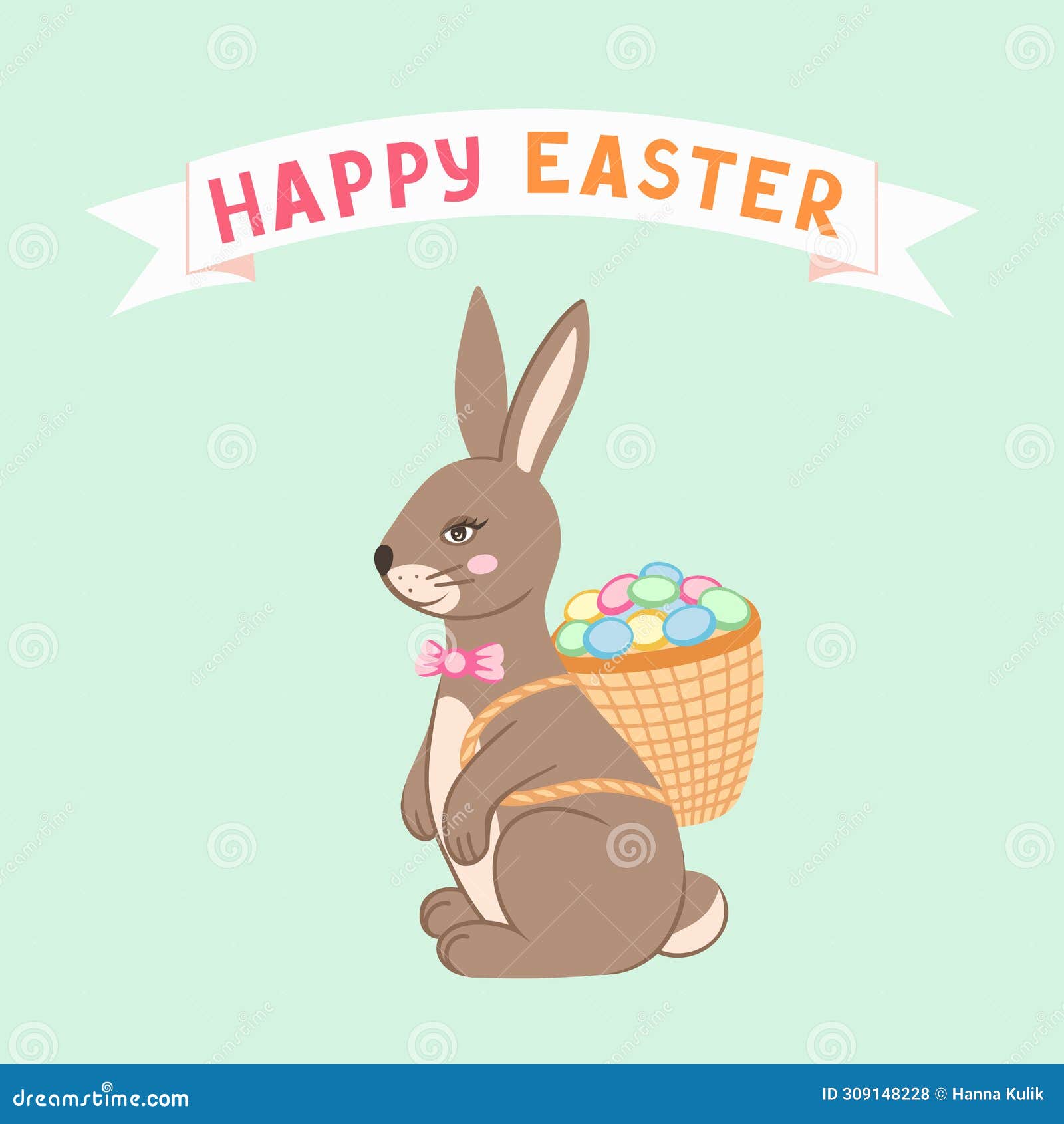 Happy Easter, Bunny with Basket and Eggs. Vector Illustration for ...