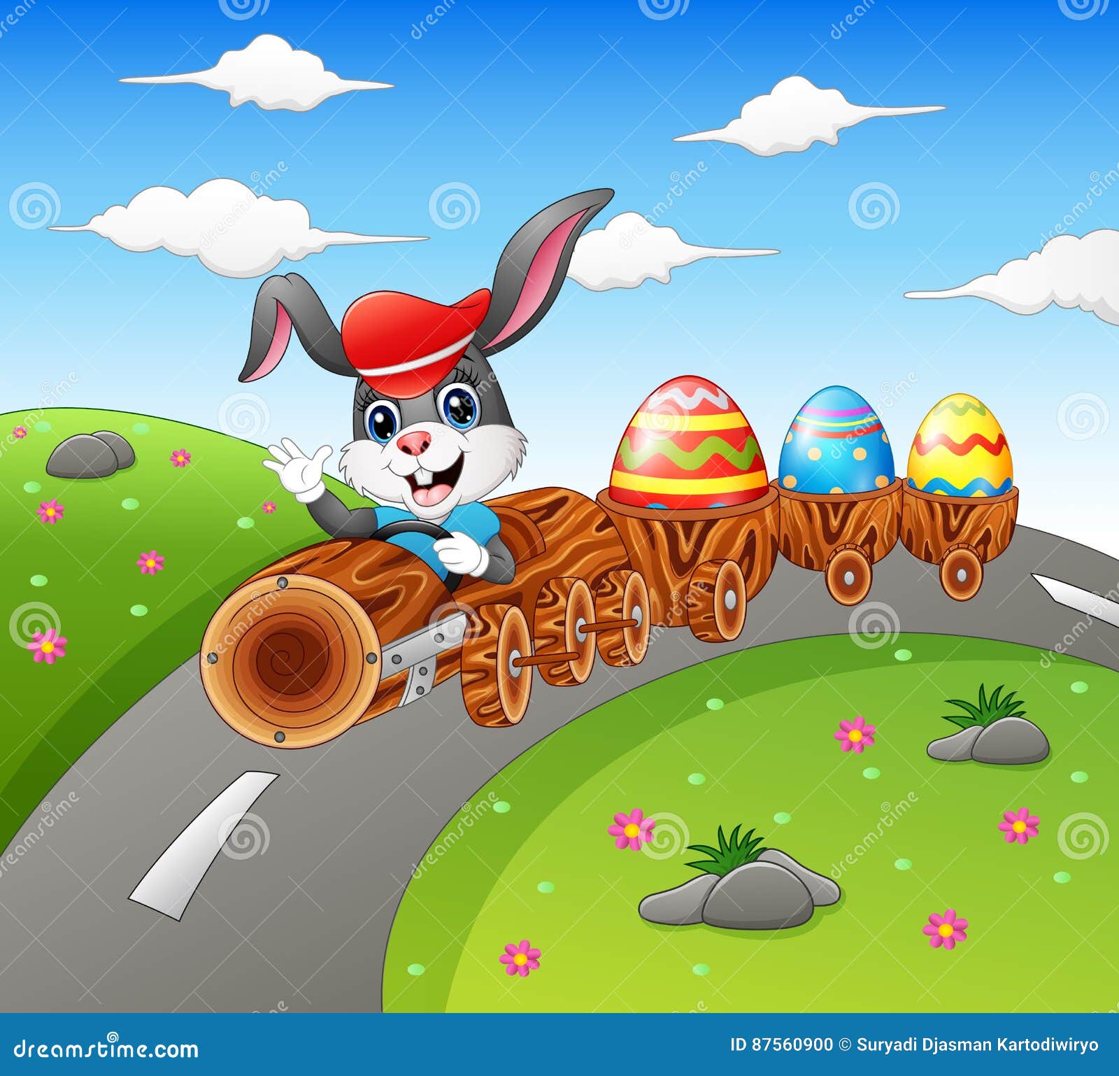 Happy Easter Bunny Driving a Timber Train Carrying Easter Eggs Stock ...
