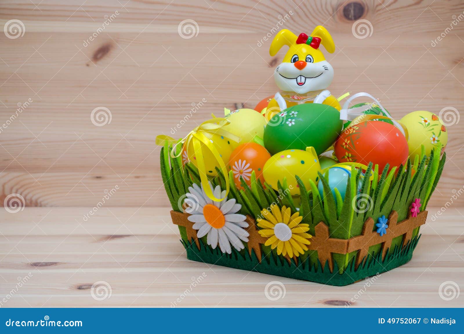 Happy Easter Bunny with Eggs in a Basket on the Stock Image - Image of ...
