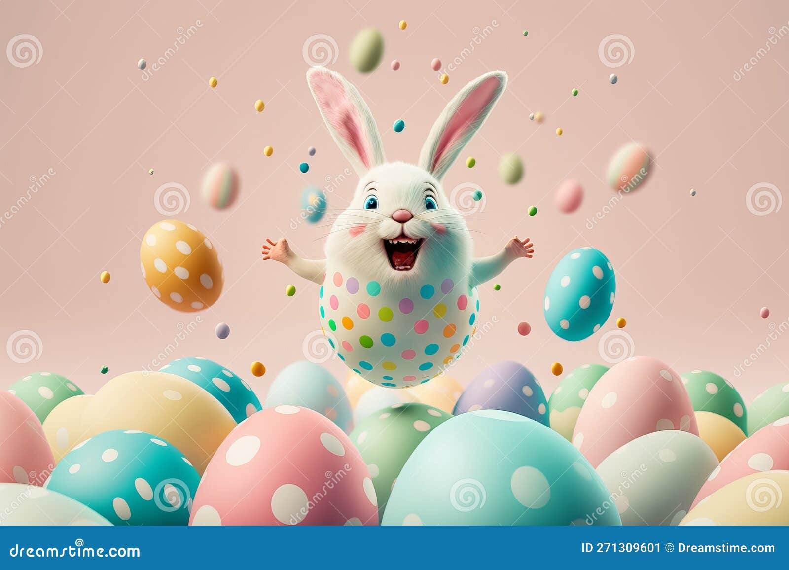 Happy Easter Bunny Jumping Over Colorful Easter Eggs, Concept of Easter ...