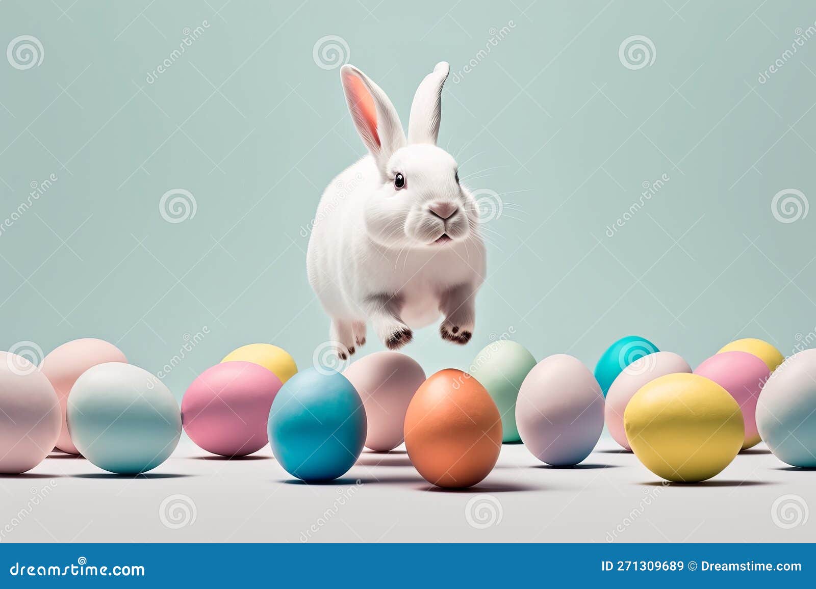 Happy Easter Bunny Jumping Over Colorful Easter Eggs, Concept of Easter ...